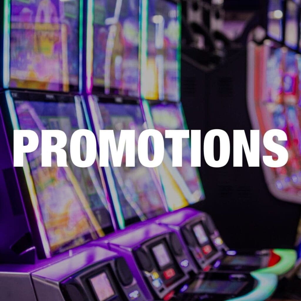 Casino slot machines with "Promotions" text overlay. - Ohkay Hotel Casino